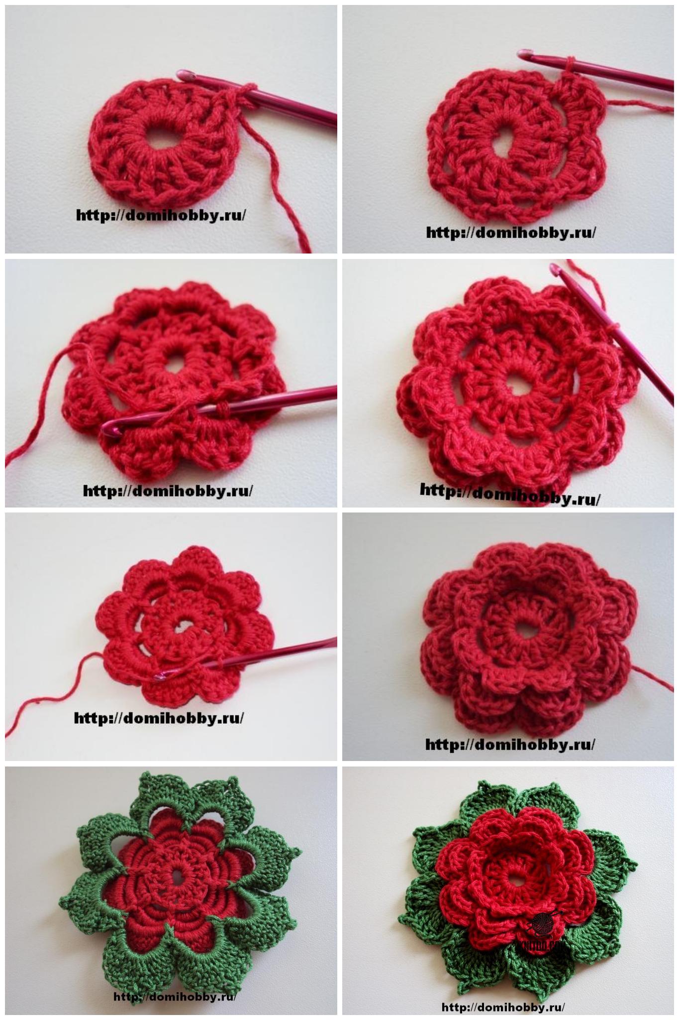 Crochet Colorful Red And Green Flowers With leaves